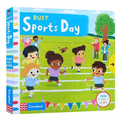 英文原版 Busy Sports Day 繁忙的运动会 纸板机关操作活动书 儿童英语启蒙科普亲子互动绘本 Campbell Books 进口原版书籍