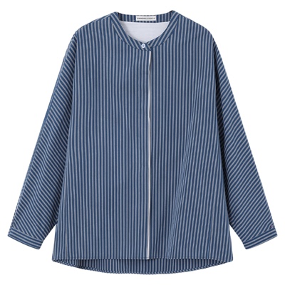 swx studio 条纹衬衣 100%棉酵洗拼接撞色靛蓝条纹衬衫1285B