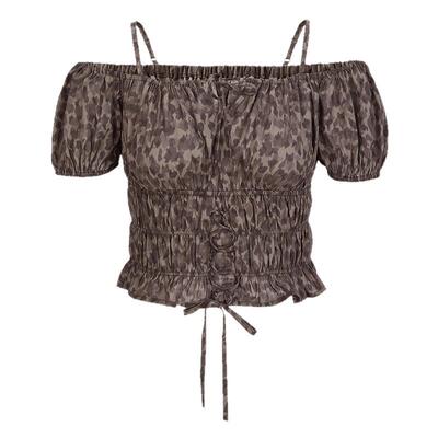 moussy 夏季甜辣风豹纹绑带泡泡袖衬衫女028ISZ30-1271