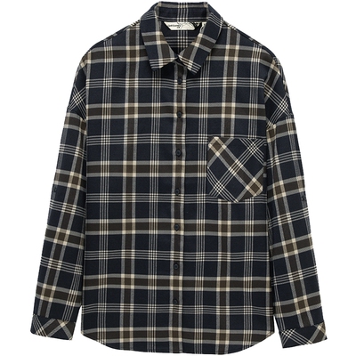 布景格子衬衫女春季新品简约格纹翻领贴袋设计长袖衬衣1807