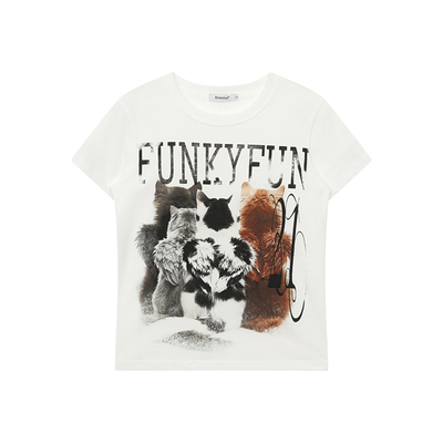 FUNKYFUN 美式小众趣味做旧斑驳感猫咪直喷印花正肩宽松短袖T恤