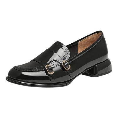 百思图25春商场新款通勤牛皮乐福鞋粗跟圆头女布洛克皮鞋A1819AA5