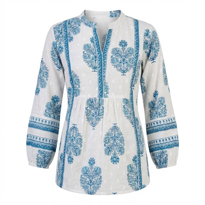 印度女装传统薄款异域风情印花白色立领短款纯棉休闲长袖库塔上衣