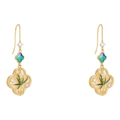 新中式四叶草竹叶锆石耳环高级感