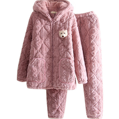 睡衣女珊瑚绒拉链连帽加厚夹棉