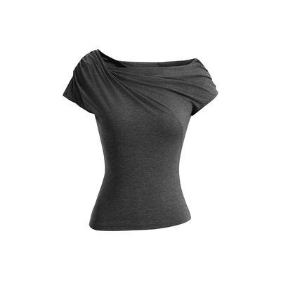 FIRSTFLOOR天丝混纺弹力斜肩设计感修身收腰短款短袖上衣女