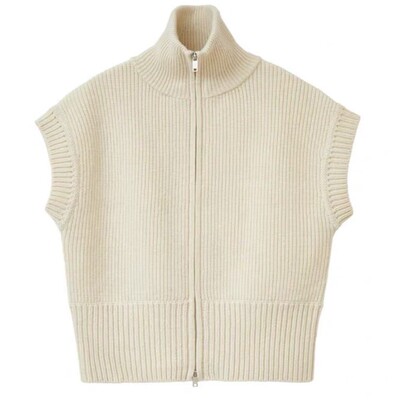 高领宽松拉链无袖针织背心毛衣