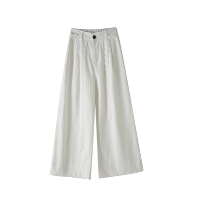 夏季高腰洗水棉蕾丝绑带阔腿裤