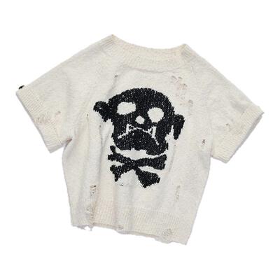 1JINN STUDIO 原创恶犬骷髅提花针织上衣女破洞合体修身短袖毛衣