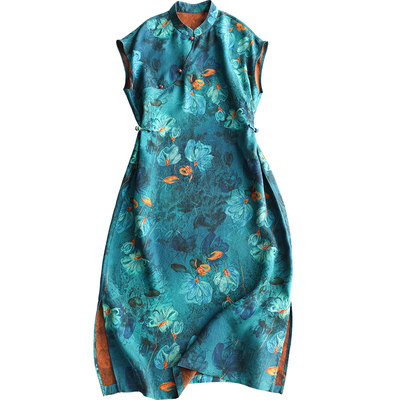 云澍新中式印花桑蚕丝改良旗袍