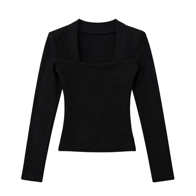 静雅黑调~黑色方领长袖上衣女