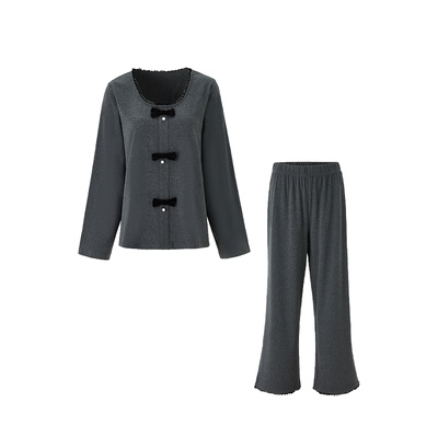 Chyooh池攸秋季新品丝绒蝴蝶结女家居服圆领针织棉舒适睡衣套装