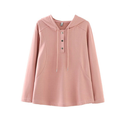 纯色拼接连帽抽绳三粒扣长袖T恤