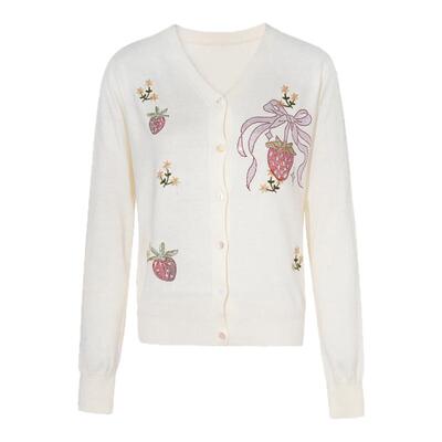 TCH活力草莓优雅气质感v领绵羊毛长袖针织开衫女秋冬T75C43E5007