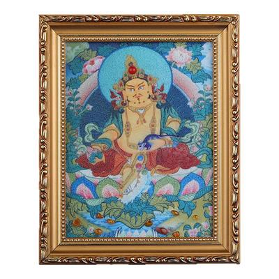 藏式唐卡纯手工绘砂画黄财神家居佛堂摆件西藏供黄财神实木框唐卡