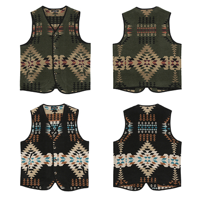 美式休闲背心复古图腾毛呢马甲