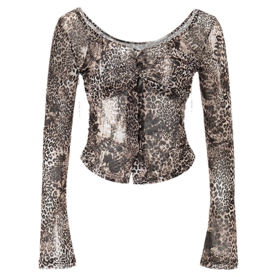 咖色假两件豹纹网纱印花弹力上衣