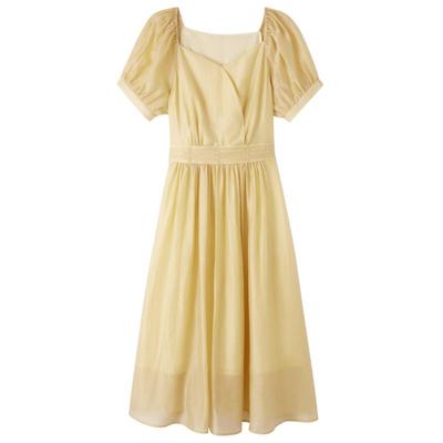 诗篇专选夏v领泡泡袖收腰天丝莱赛尔雪纺裙连衣裙