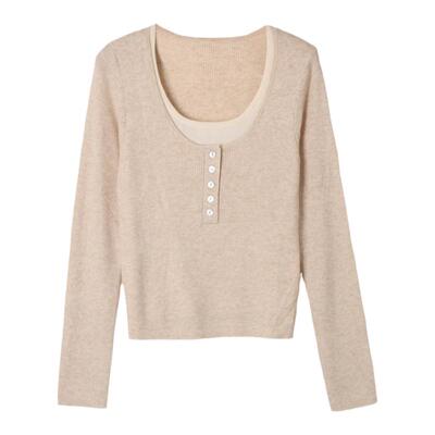 西町村屋气质假两件针织衫女秋季新款百搭修身套头上衣XH9C10086