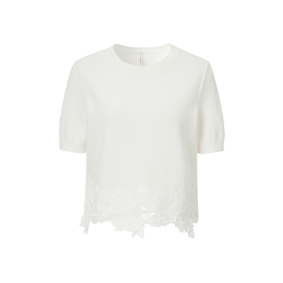 VGRASS丝棉混纺蕾丝镶拼针织衫