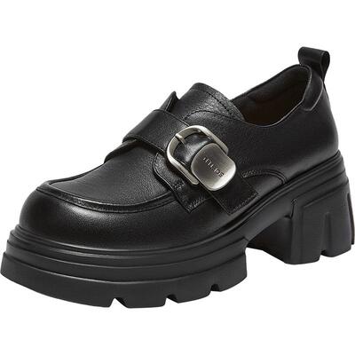 百思图春季牛皮厚底粗跟乐福鞋