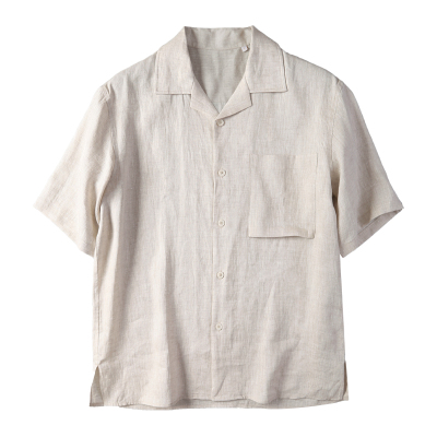 松弛老钱雨露麻古巴领短袖衬衫男