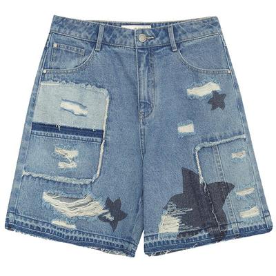 谜底牛仔短裤女年夏新品复古时尚贴布绣破洞直筒裤242MK0543