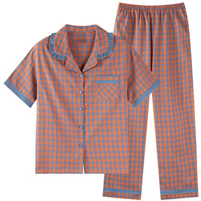 睡衣女夏季梭织棉短袖长裤家居服
