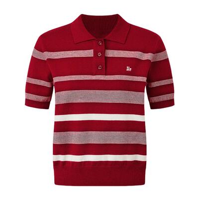 【含绵羊毛】GOLDEN BEAR/金熊2026年春新品女红色条纹短袖针织衫