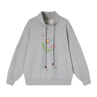 原创手绘花朵印花半高领长袖卫衣