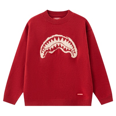 虫师联名SG鲨鱼嘴圆领套头毛衣男女后背水墨龙针织衫新年红上衣