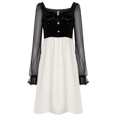 【奥莱】MAXRIENY甜美复古感丝绒裙春季拼接花纱连衣裙