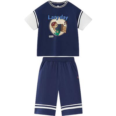 马骑顿套装男大童夏季运动假两件短袖T恤五分运动裤两件套