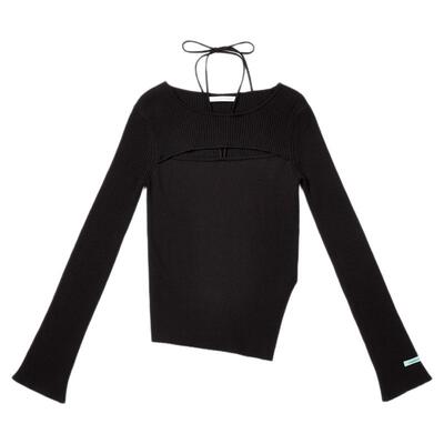 女士春季镂空绑带斜摆修身针织衫