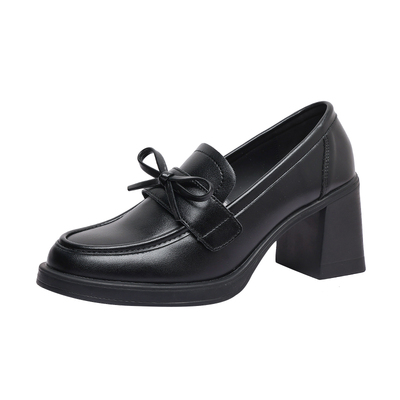 牛皮款~高跟乐福鞋女2026春秋新款粗跟一脚蹬黑色单鞋英伦小皮鞋