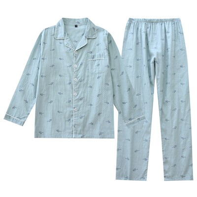 男士夏纯棉麻双层纱布长袖家居服