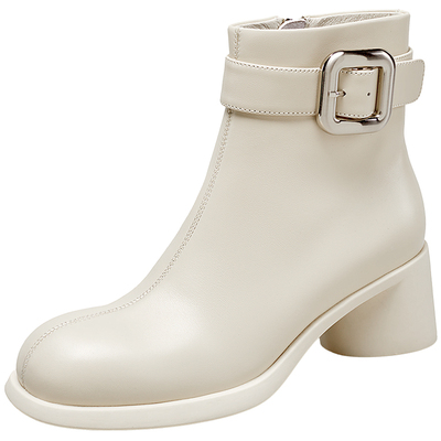 意尔康仙女风方扣羊皮短靴女2025秋冬新款圆头中跟通勤中筒时装靴