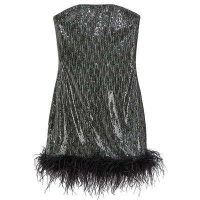 bebe秋冬新品亮片鸵鸟毛抹胸裙