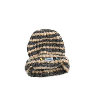 条纹纽扣针织毛线帽女秋冬季保暖