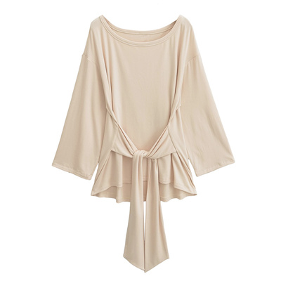 纯欲风露肩绑带宽松中长款t恤女