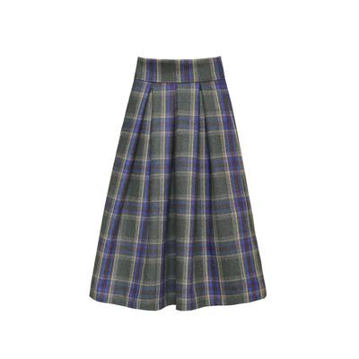 英伦半身裙复古格子羊毛伞裙