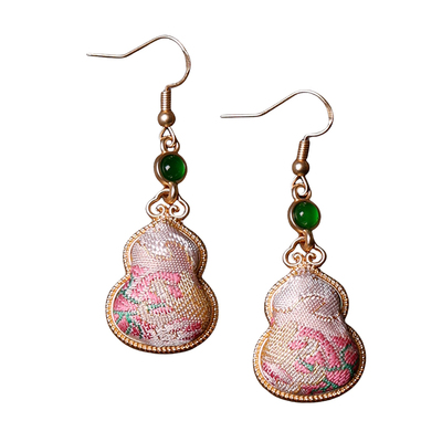 新年少女粉宋锦葫芦耳坠纯银耳钩