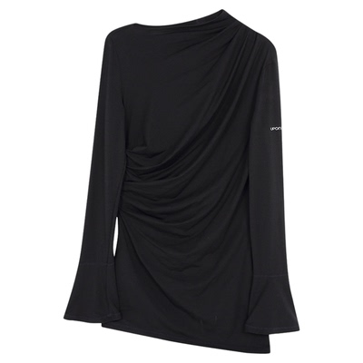 斜肩褶皱上衣不规则长袖T恤显瘦