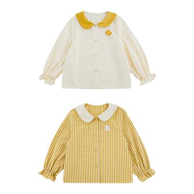 幼悠女童小鸭嘎嘎绣花徽章娃娃衫2026春秋立体刺绣彼得潘领衬衫潮