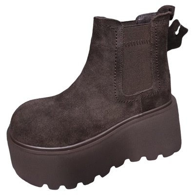 2025新款真皮厚底切尔西烟筒靴女冬季加绒保暖短靴磨砂皮雪地靴子