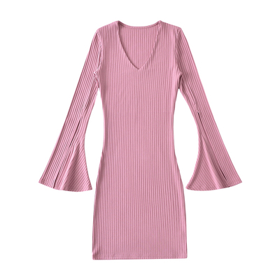 开叉喇叭袖坑条连衣裙包臀短裙