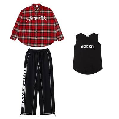 少儿格子衬衫街舞架子鼓演出服装