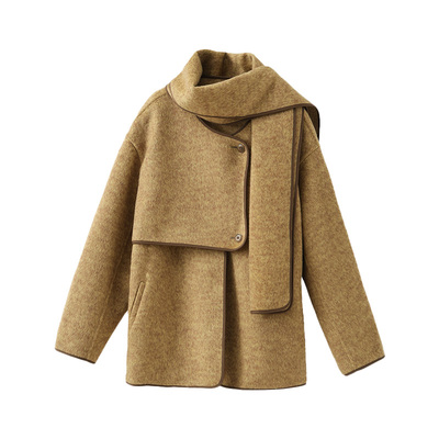 CHENXIAN撞色包边围巾毛呢外套