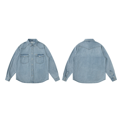 经典复古牛仔水洗蓝宽松长袖衬衫