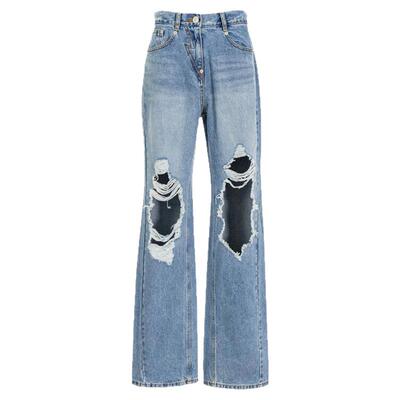 高腰IT推挤破洞牛仔长裤